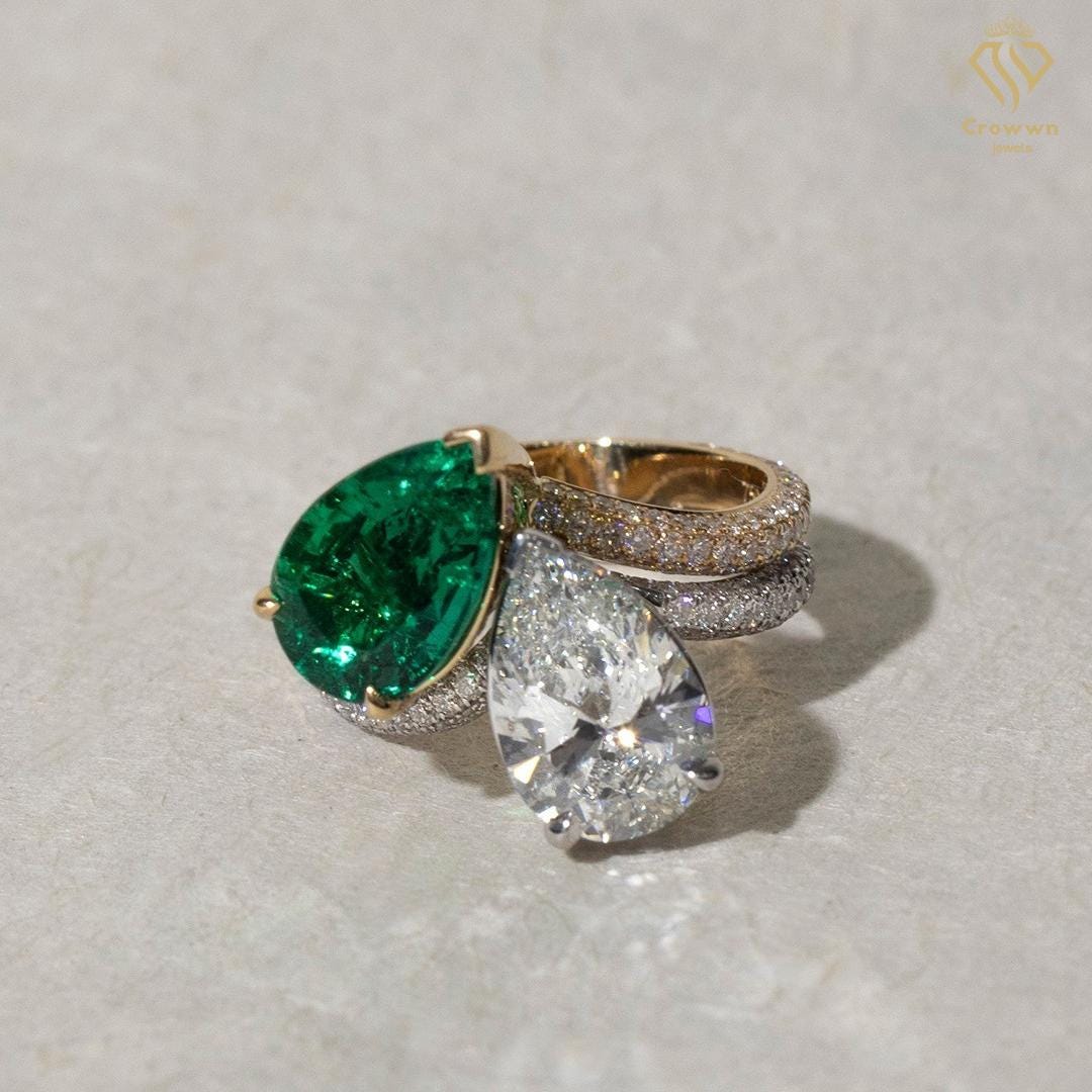 Pear Cut Moissanite Ring Two Ring Combination Toi Et Moi 14K Gold ...