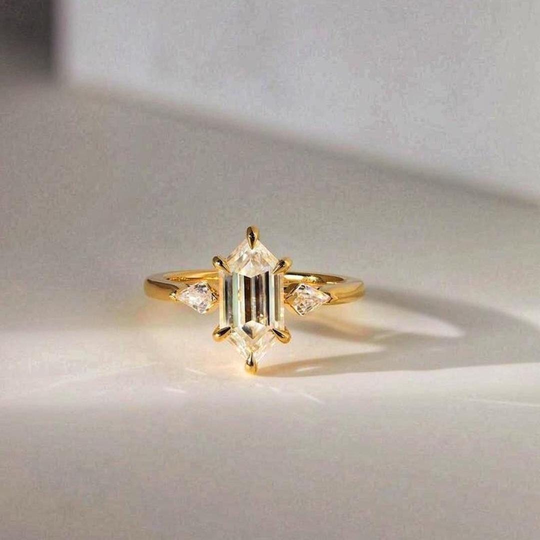 2.50 CT Step Cut Dutch Marquise Moissanite Three Stone Wedding Ring 14K Gold Promise Engagement ...