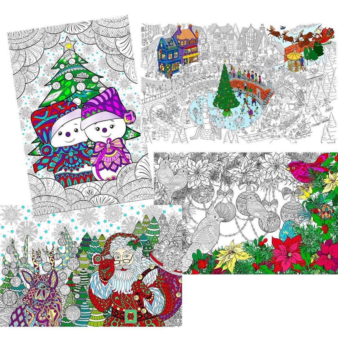 Large Christmas Coloring Posters, Holiday Village, Snowman, Winter ...
