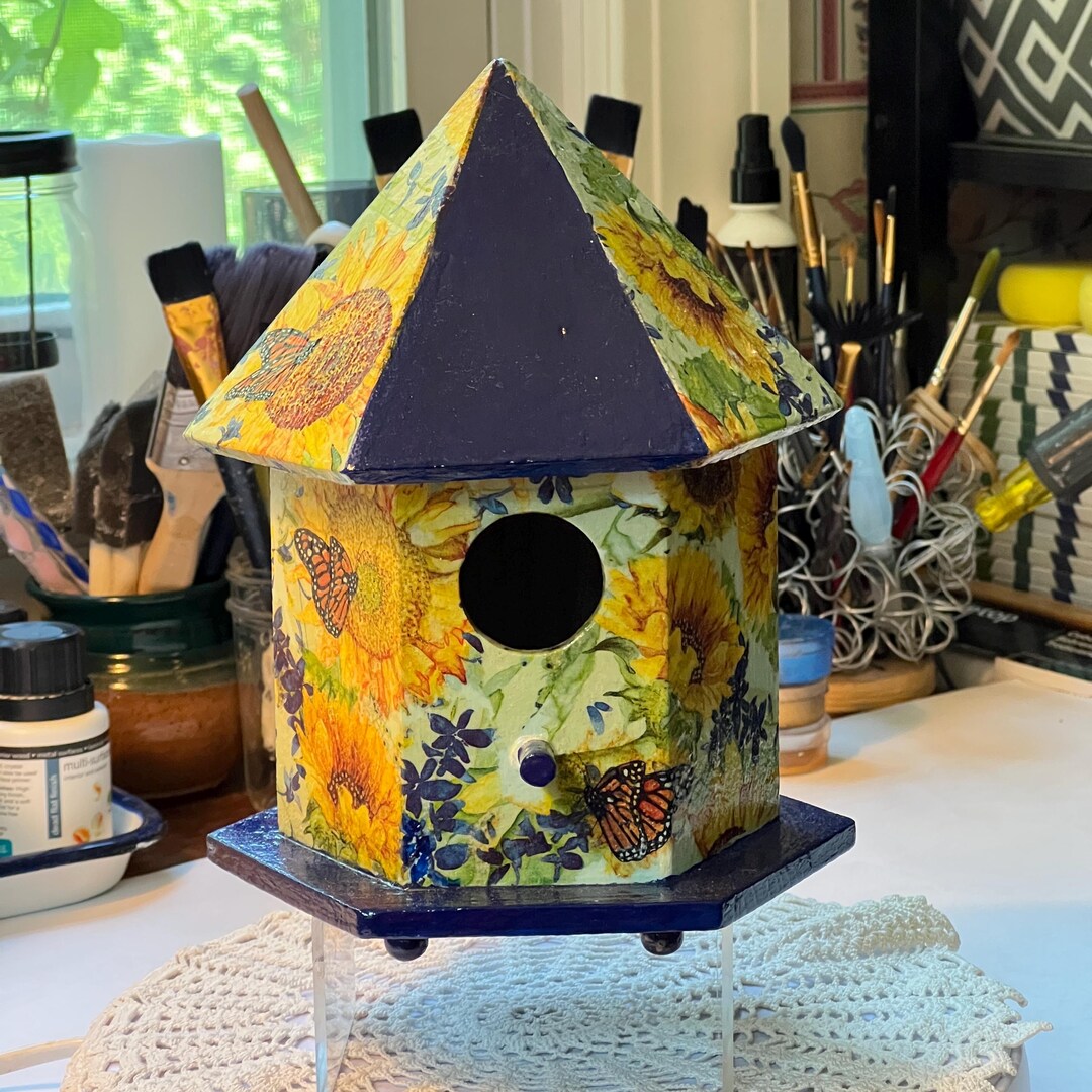 Handcrafted Decoupage 9" Octagonal Birdhouse: Sunflowers and Larkspur ...