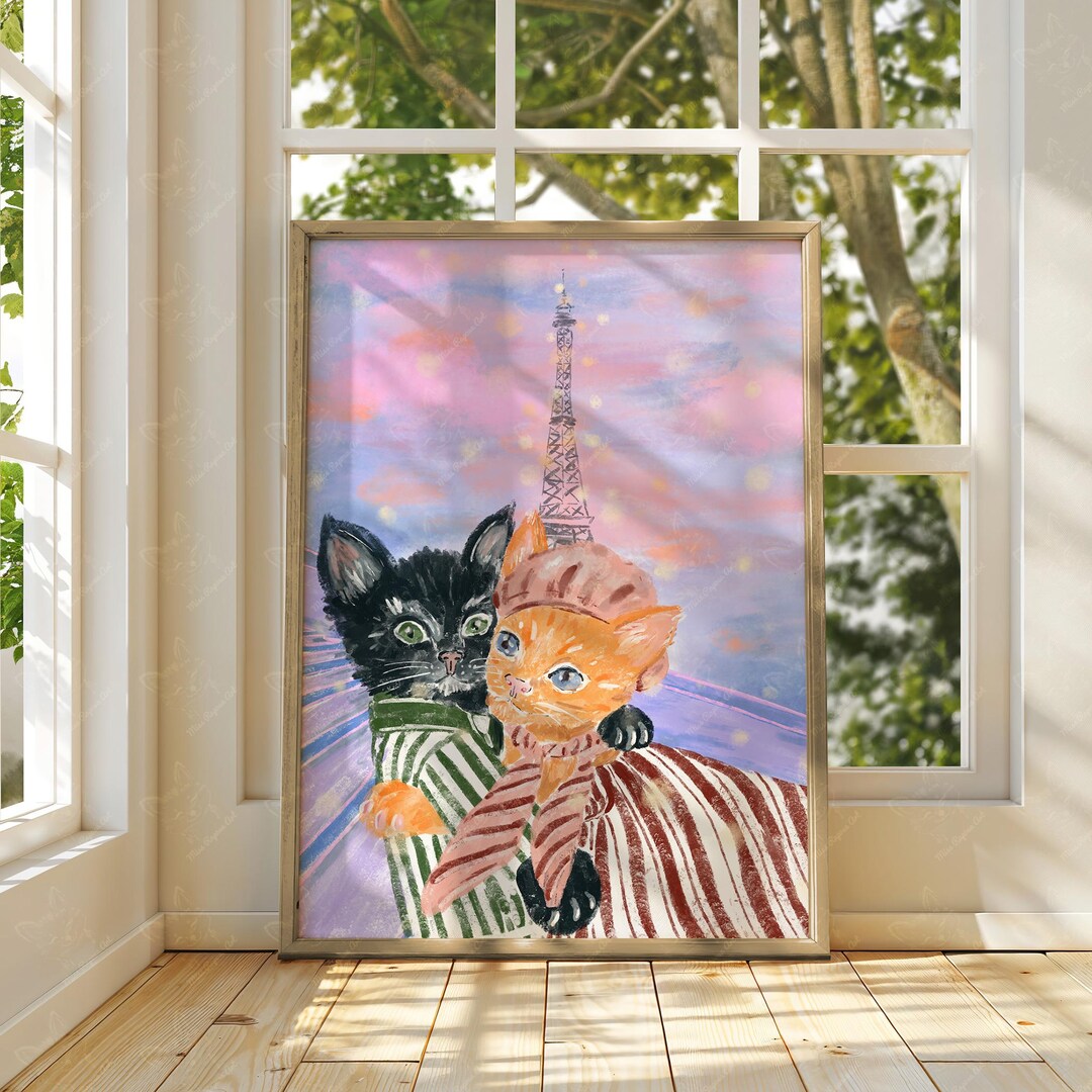 Coquette Cat Wall Art Print, Stripe Kittens Paris Poster Eiffel Tower ...