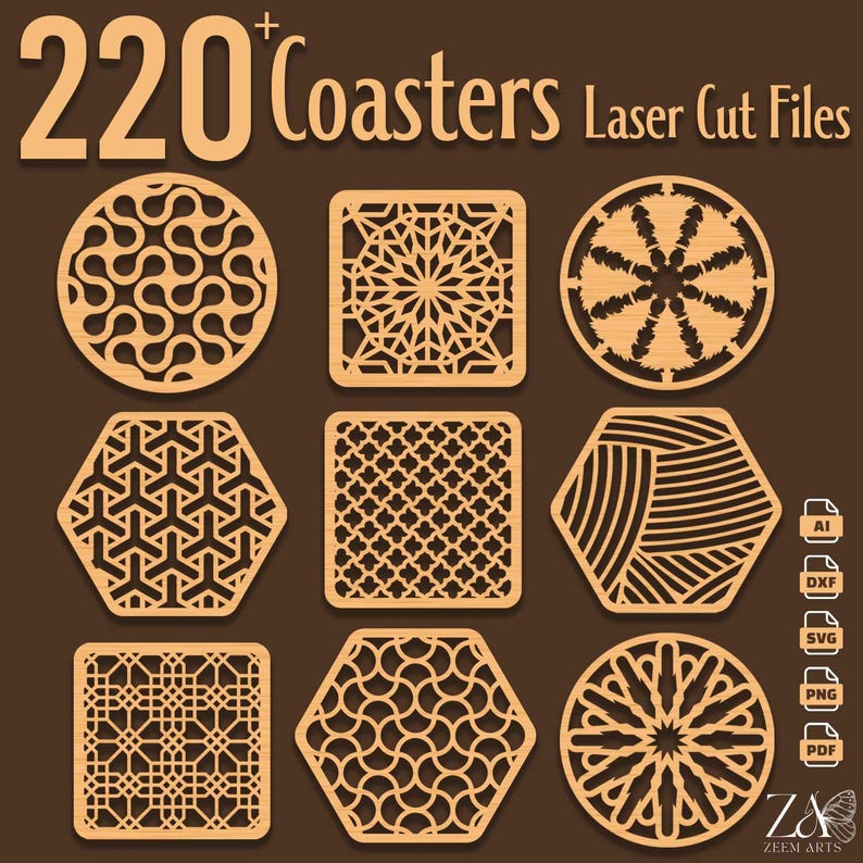 220 Coasters SVG Laser Cut Files: Round, Hexagon, Square (digital ...