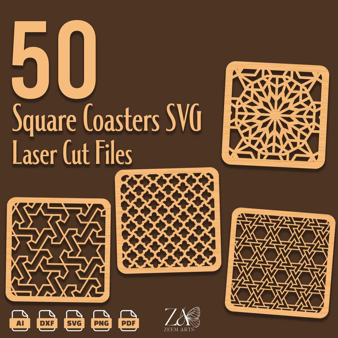 50 Square Coasters SVG Laser Cut Files for CNC, Glowforge (digital ...