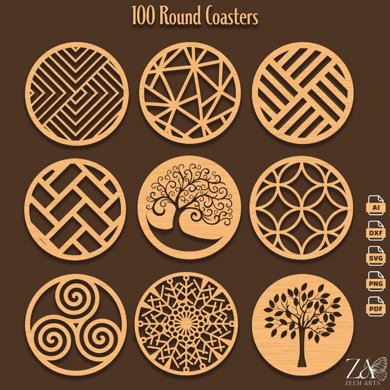 220 Coasters SVG Laser Cut Files: Round, Hexagon, Square (digital ...