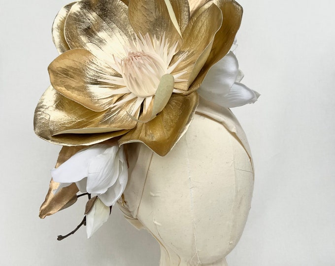 Giant Gold Magnolia and Banana Leaf With White Magnolias Fascinator - Etsy
