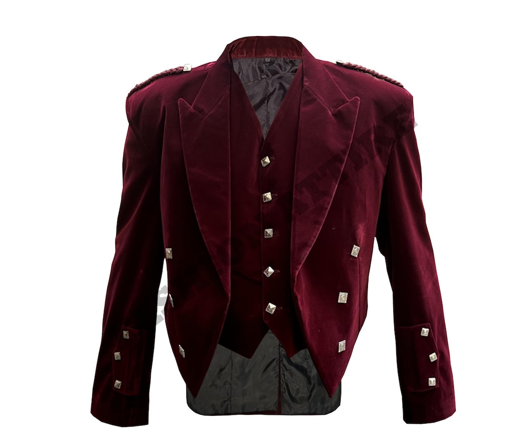 Men's Scottish Burgundy Velvet Prince Charlie Kilt Jacket With ...