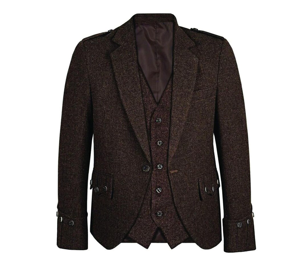 Brown Scottish Argyle Kilt Jacket With Waistcoat: Handmade Tweed Wool ...