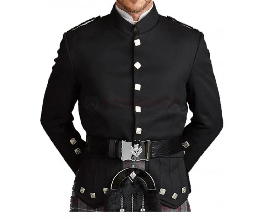 Handmade Black Kenmore Doublet Jacket: Scottish Serge Wool Wedding Kilt ...