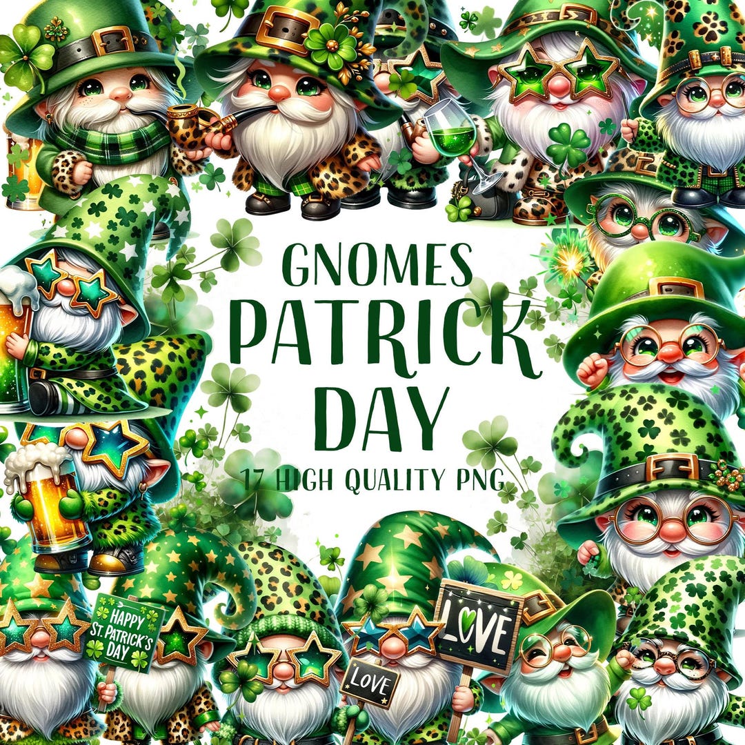 Watercolor St. Patrick’s Gnomes Clipart | 17 PNG Festive Gnomes Clipart ...