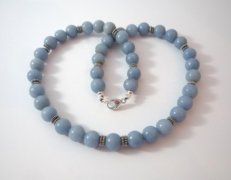 Angelite Necklace Silver Gemstone Necklace Dusty Blue Bead Necklace ...