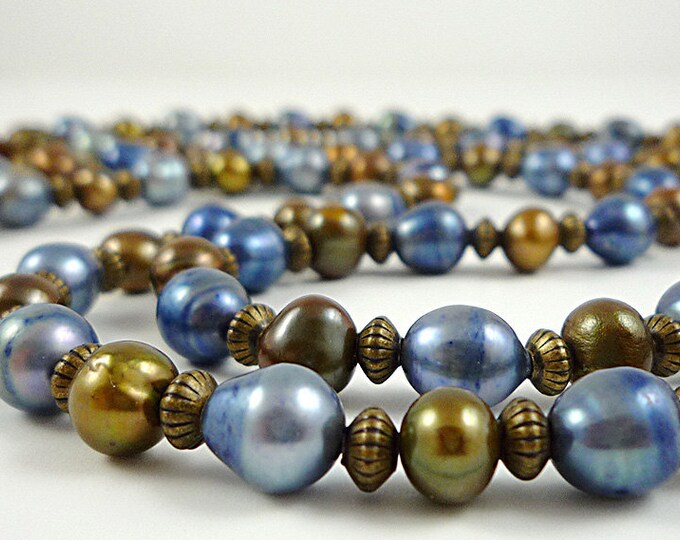 Blue Freshwater Pearl Necklace Blue and Bronze Freshwater - Etsy