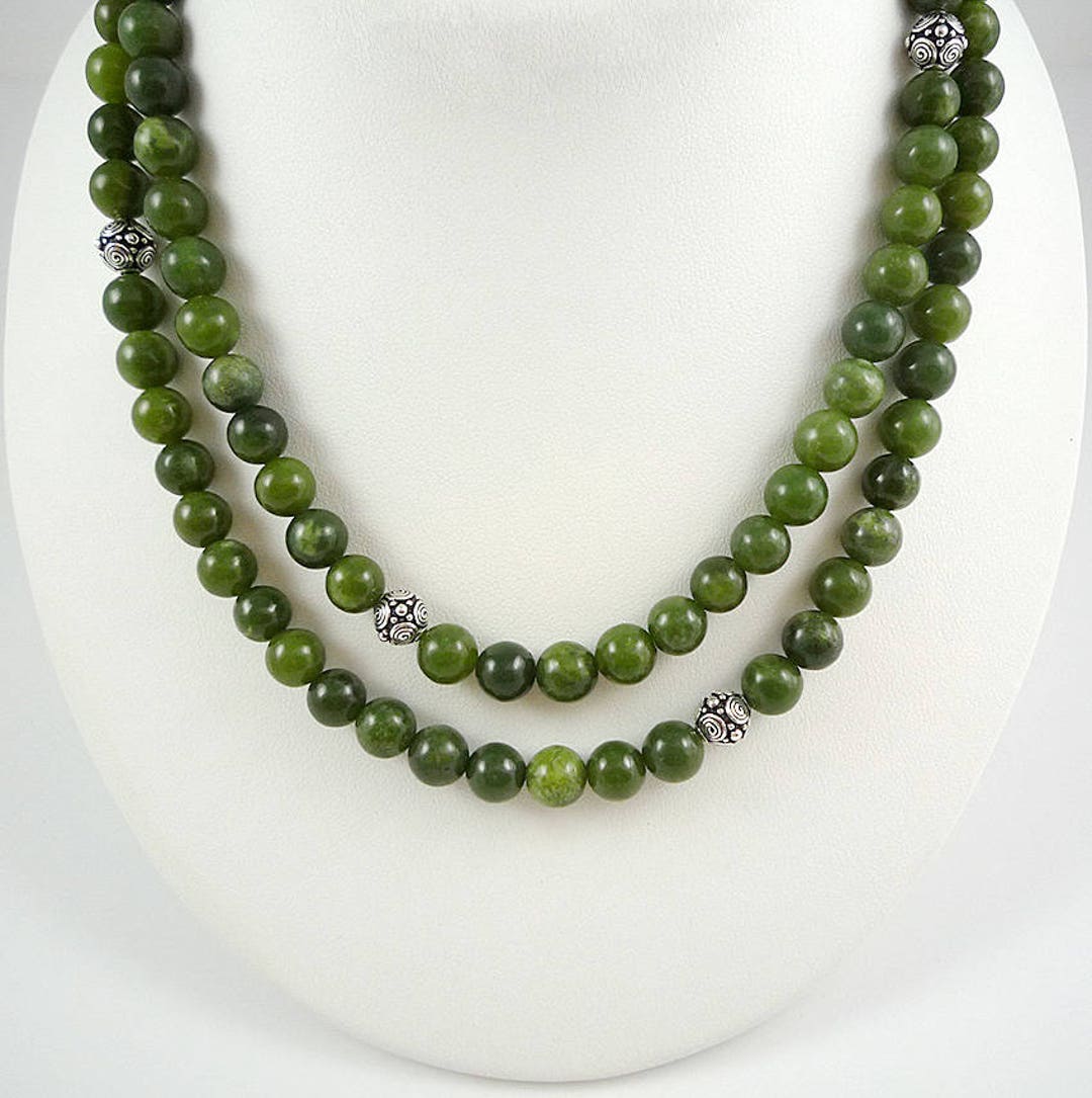 Long Genuine Nephrite Jade Necklace Green Jade Bead Necklace Real Jade ...