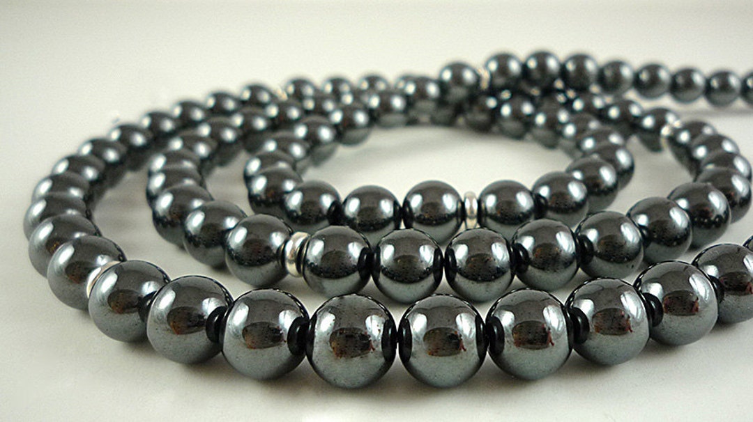 Long Hematite Necklace Silver Gray Gemstone Bead Necklace Charcoal ...