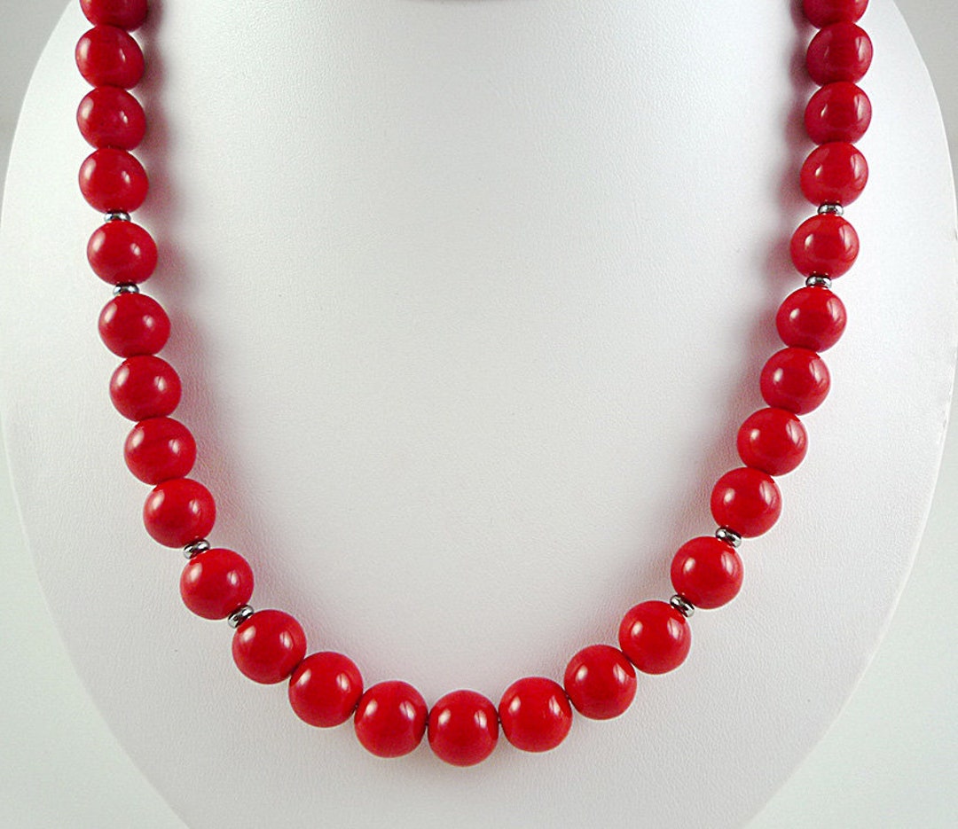 Bright Red Necklace Red Czech Glass Bead Necklace Short Red Gray ...