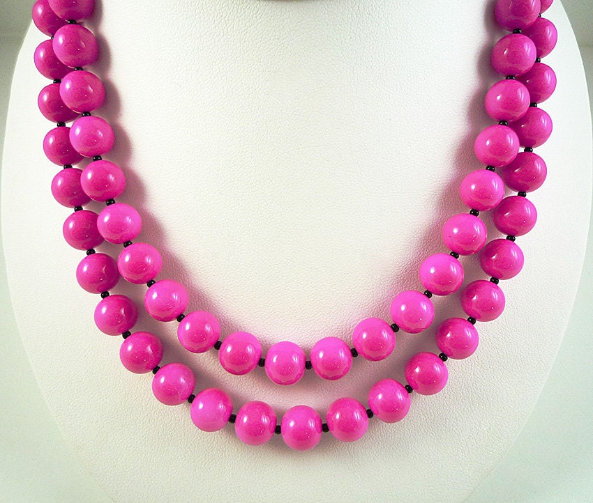 Long Pink Necklace Fuchsia Czech Glass Necklace Dark Pink Bead Etsy