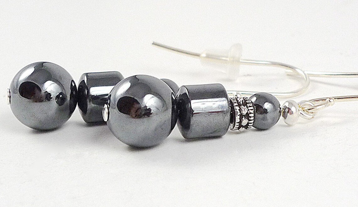 Hematite Earrings Silver Gemstone Bead Earrings Hematite Drop Etsy