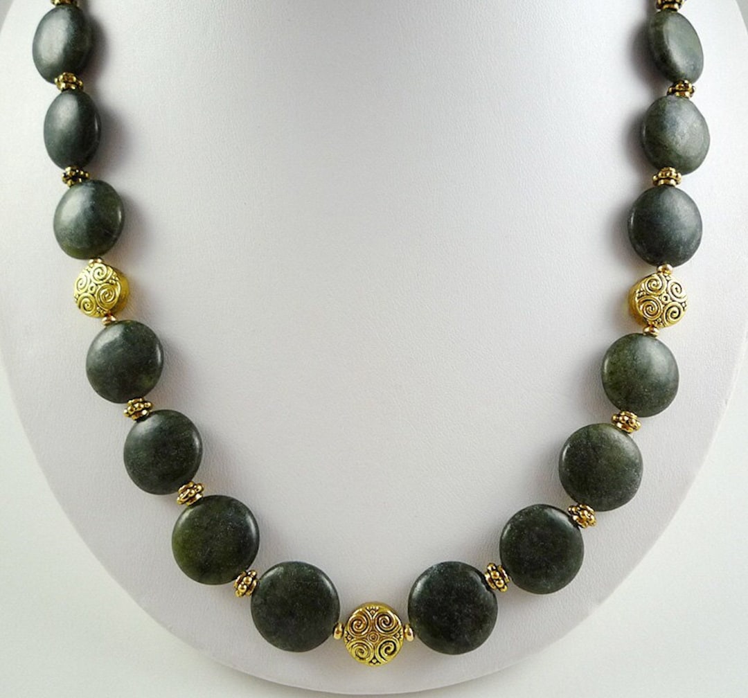 Genuine Nephrite Jade Necklace Jade Gemstone Bead Necklace Dark Green ...