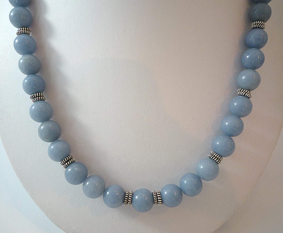 Angelite Necklace Silver Gemstone Necklace Dusty Blue Bead Necklace ...