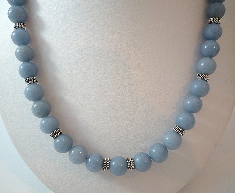 Angelite Necklace Silver Gemstone Necklace Dusty Blue Bead Necklace ...