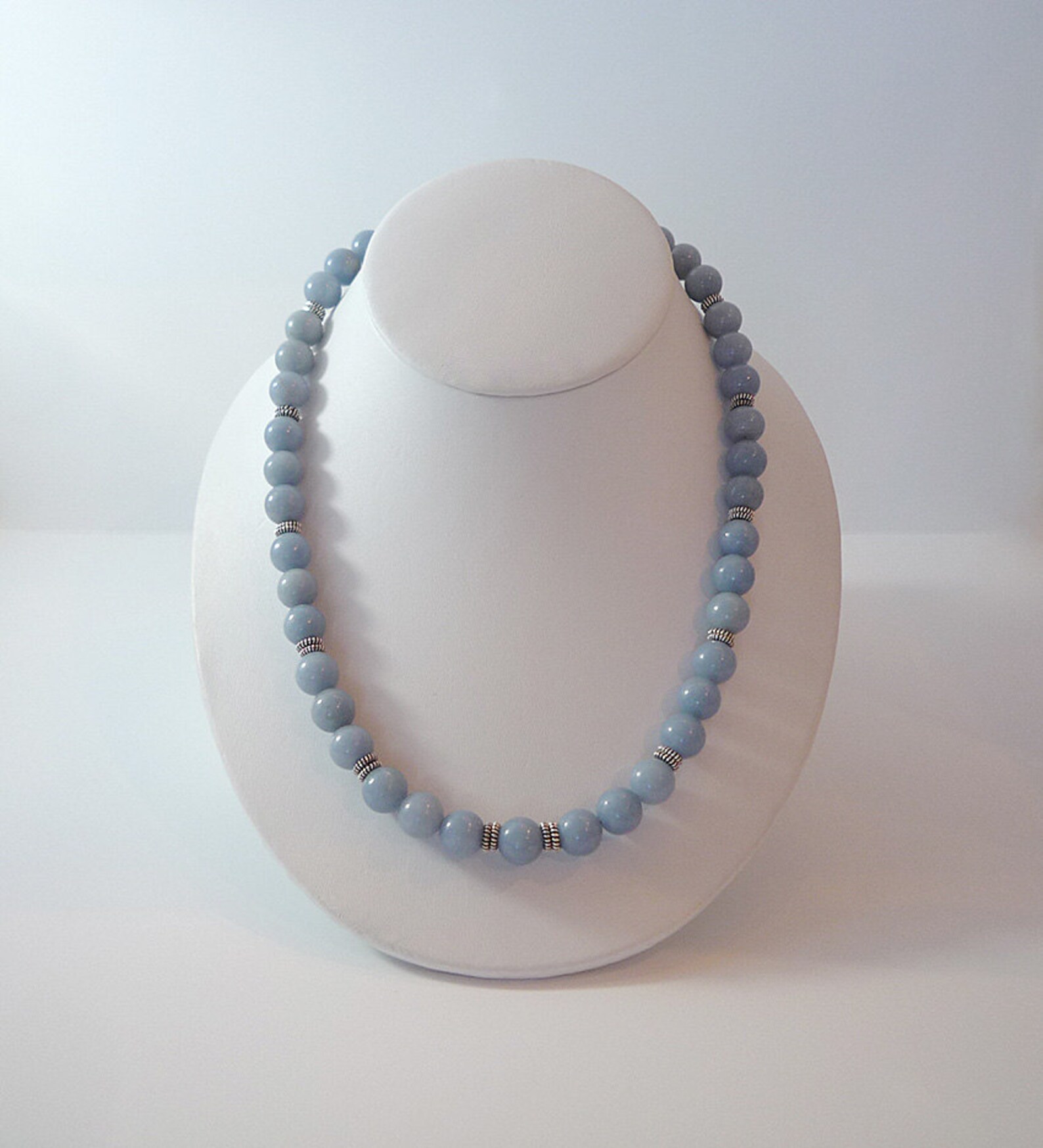 Angelite Necklace Silver Gemstone Necklace Dusty Blue Bead Necklace ...