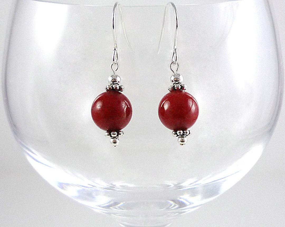 Red Bead Drop Earrings Bright Red Silver Earrings Red Mountain Jade ...