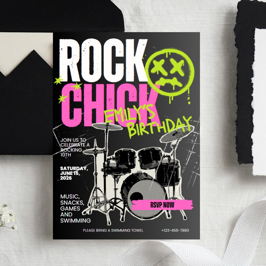Grunge Drummer Rockstar Birthday Invitation, Editable Neon Drum Party ...