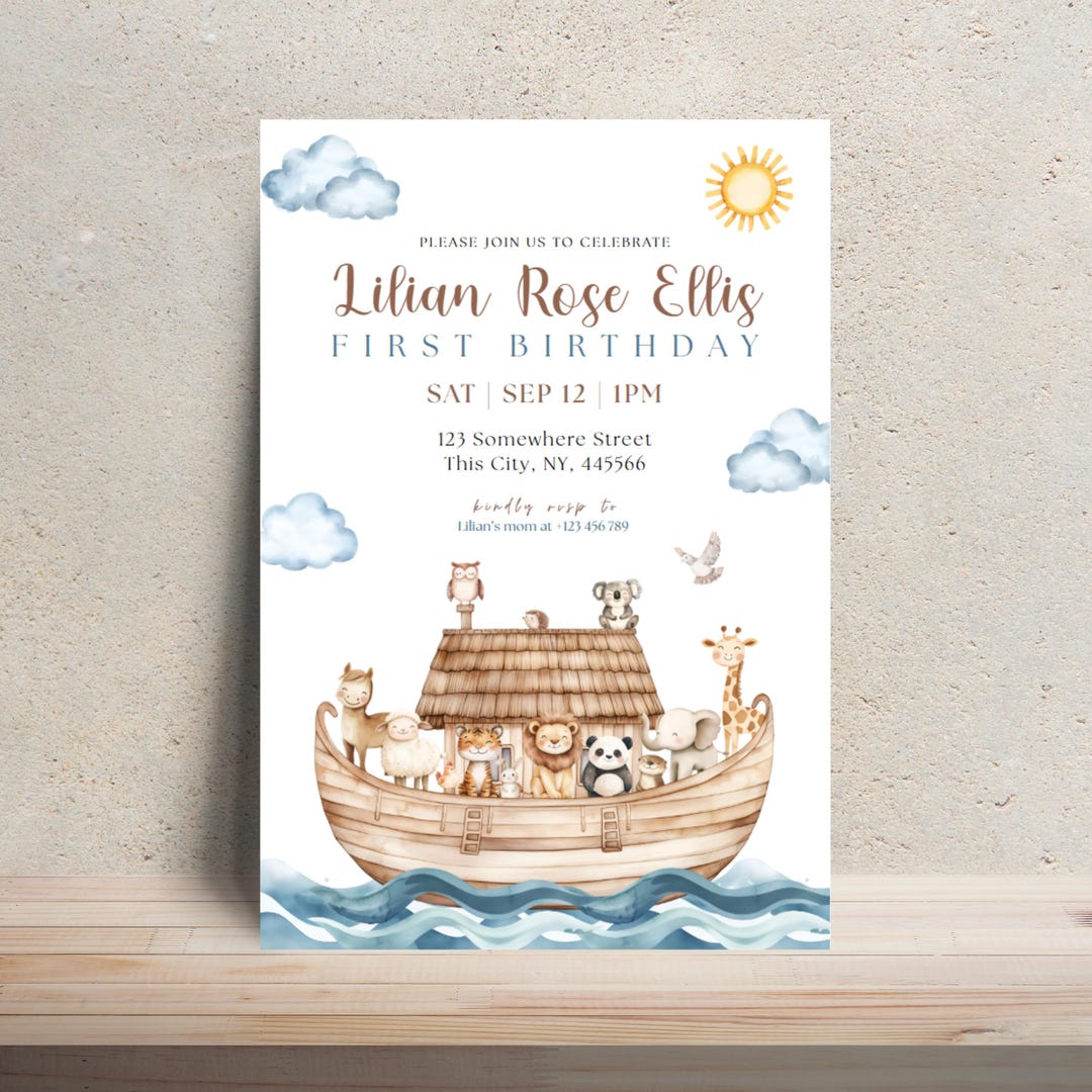 Noah's Ark First Birthday Invitation, Editable Baptism Animals Party ...