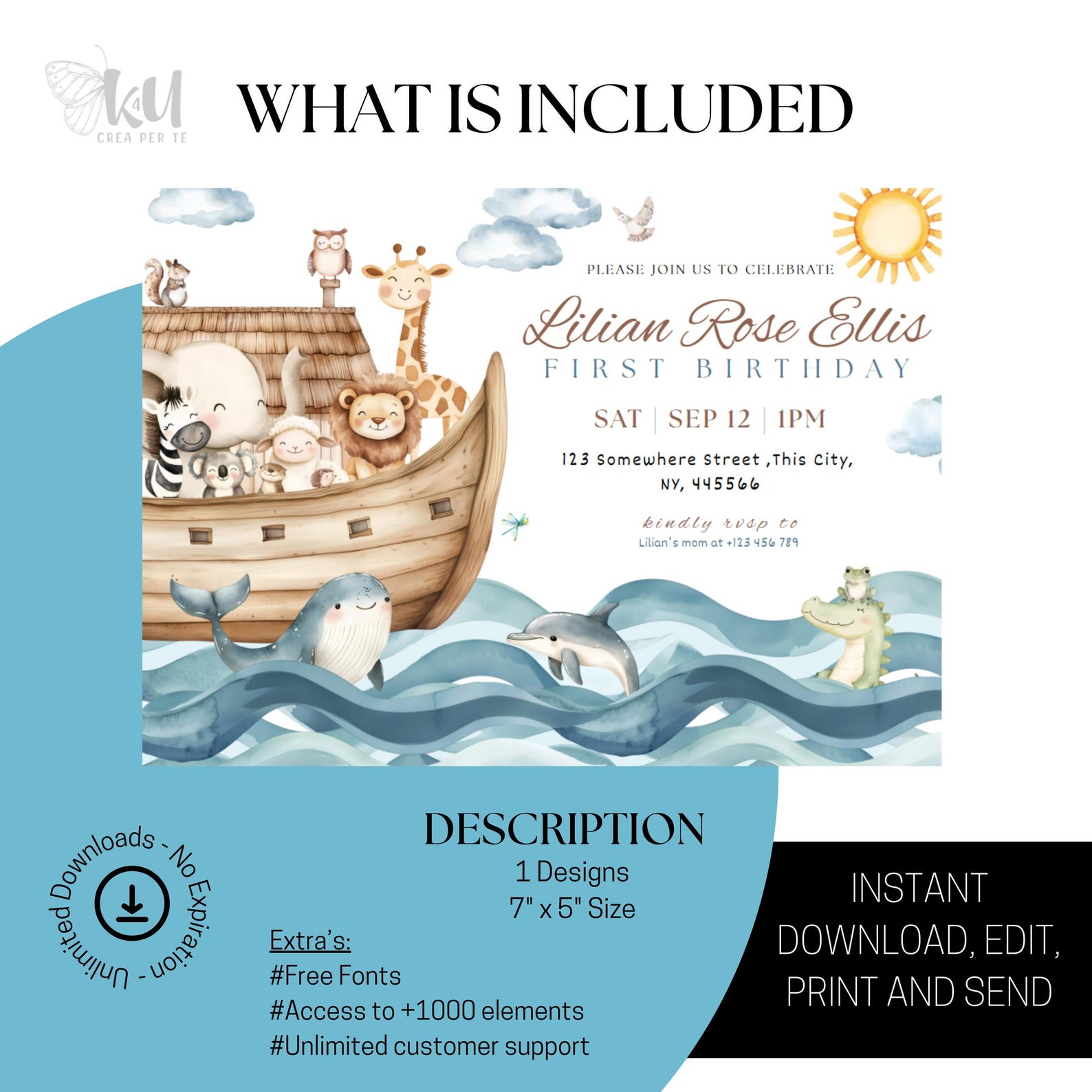 Noah's Ark First Birthday Invitation, Editable Baptism Animals Party ...