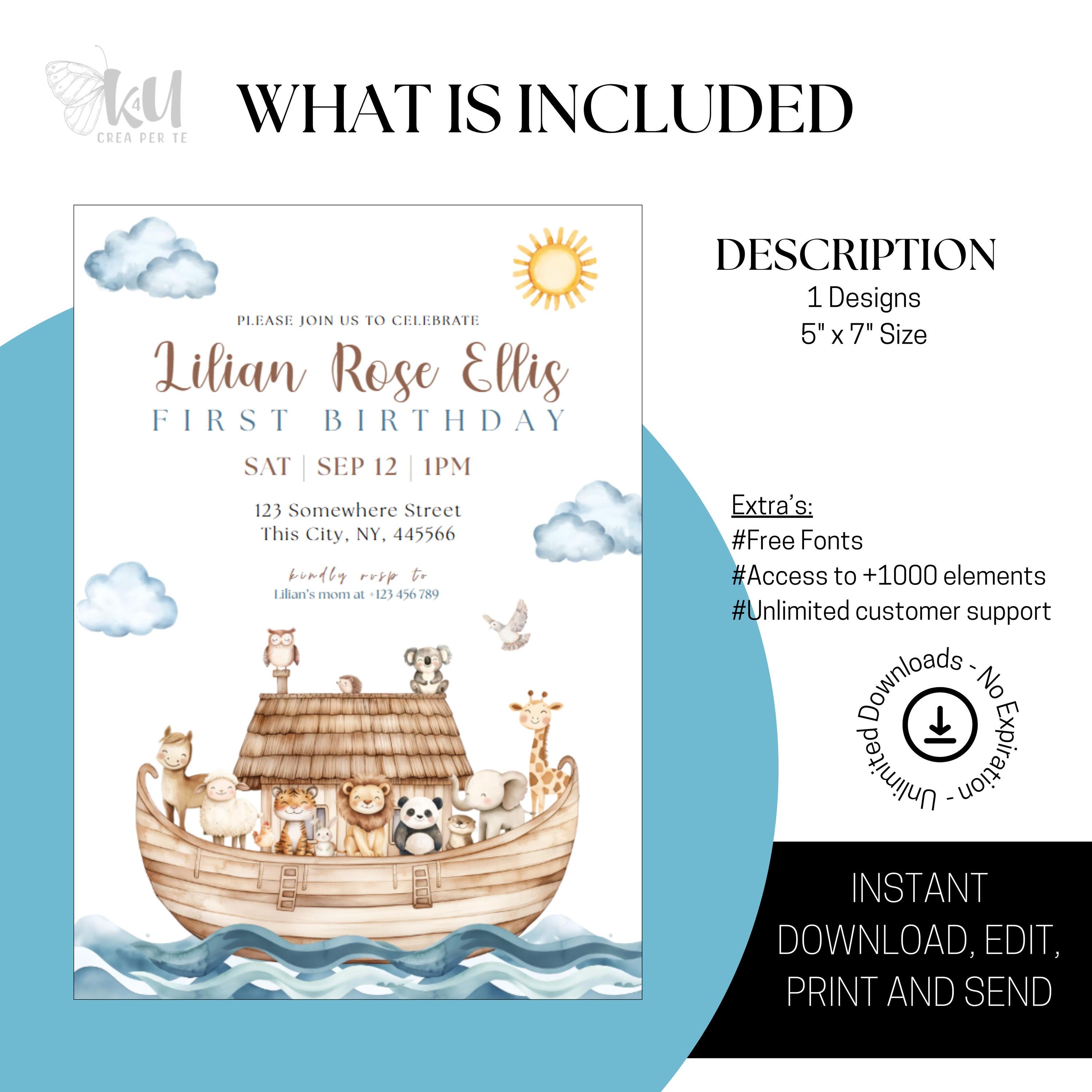 Noah's Ark First Birthday Invitation, Editable Baptism Animals Party ...