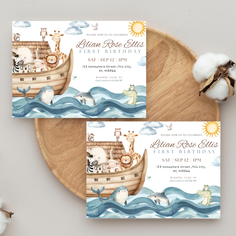 Noah's Ark First Birthday Invitation, Editable Baptism Animals Party ...