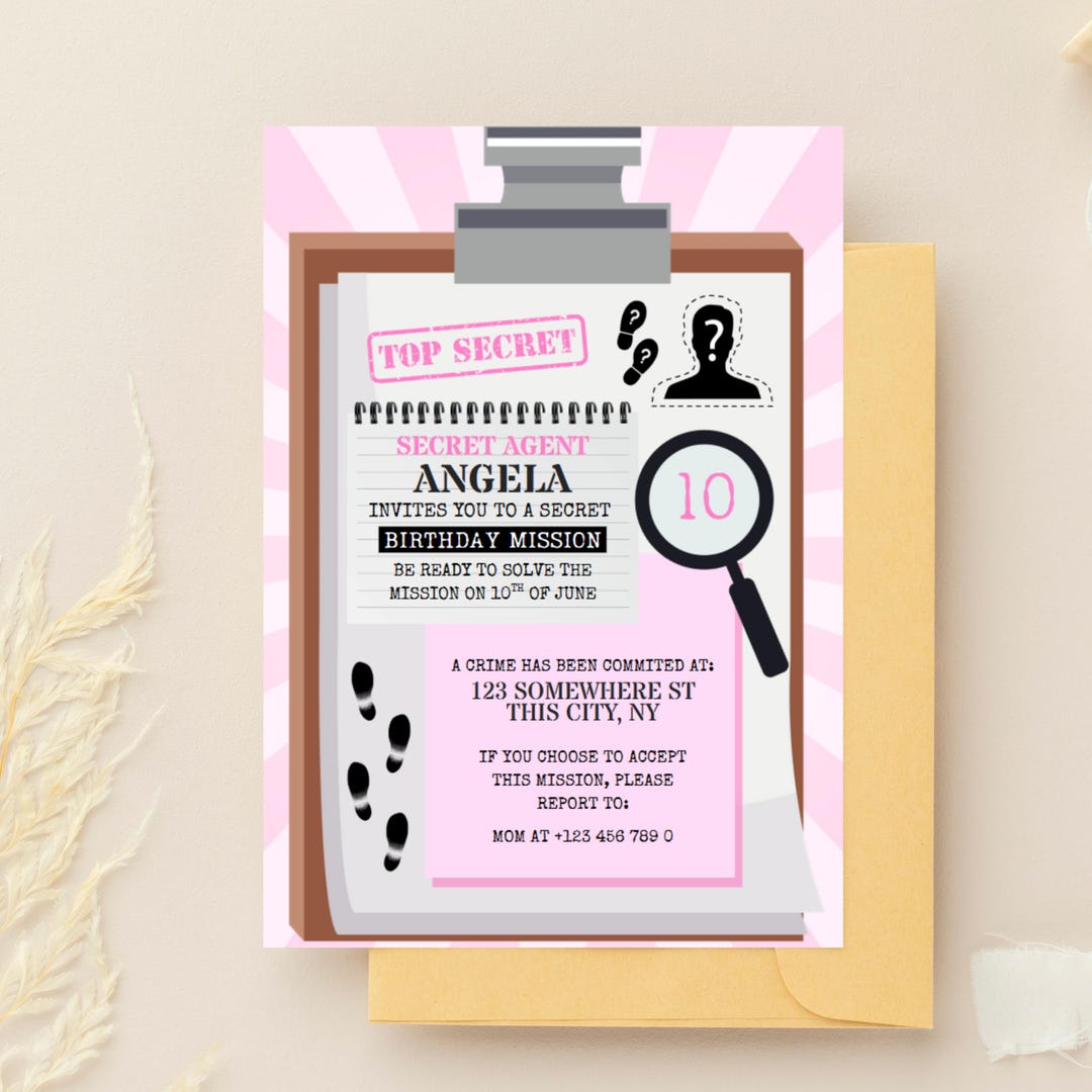 Spy Birthday Invitation Girl | Pink Secret Agent Party Invite | Secret ...