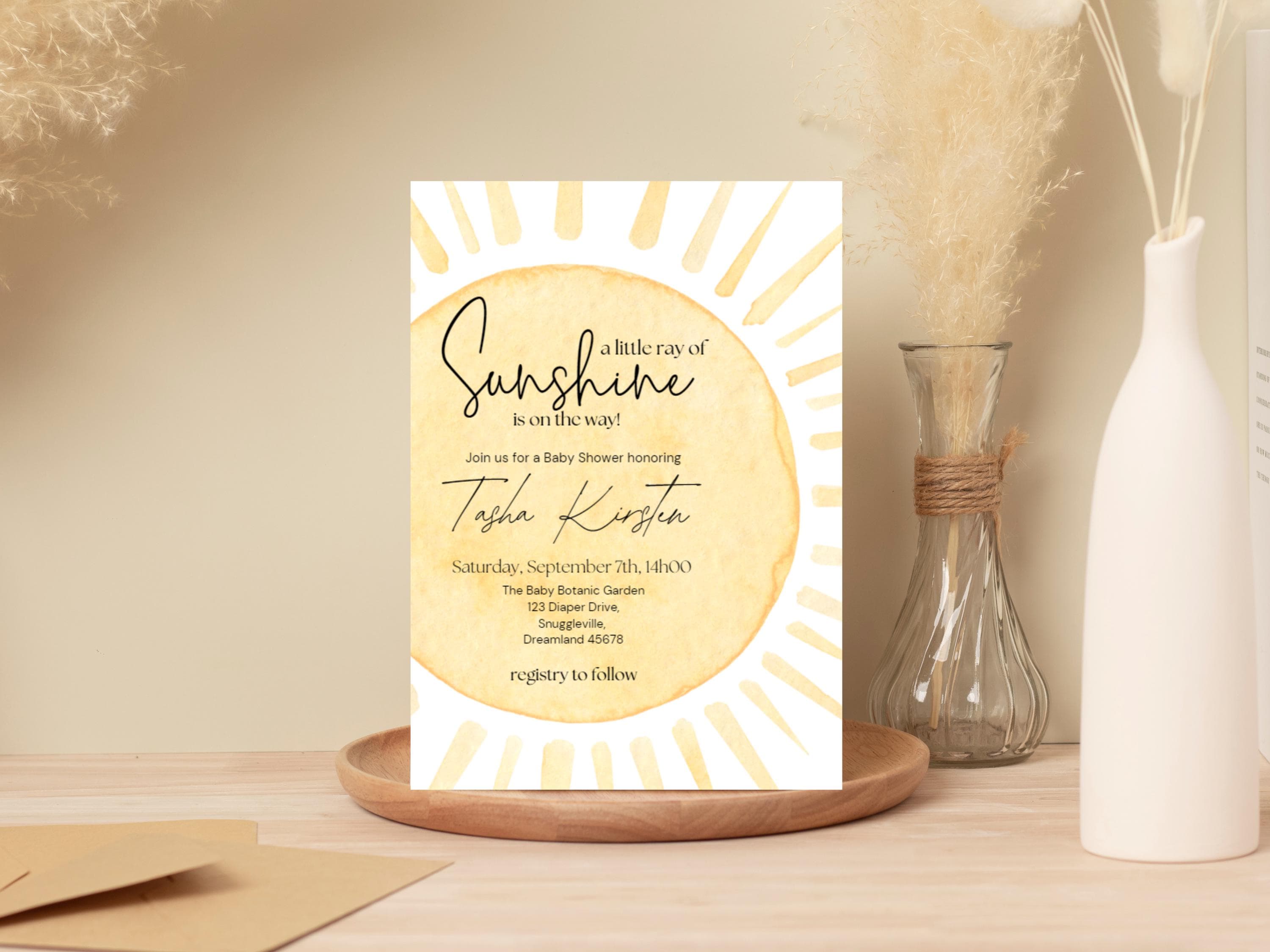 Editable Sunshine Baby Shower Invitation, A Little Ray of Sunshine Baby ...