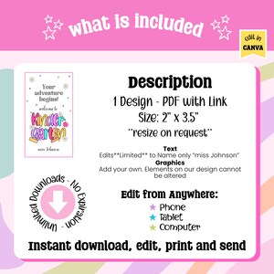 Kindergarten Welcome Tag Printable | Editable First Day of School Favor ...