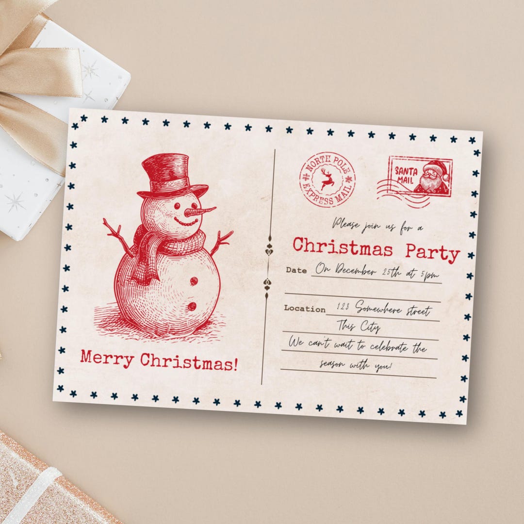 Vintage Christmas Party Invitation, Retro Snowman Holiday Invite ...