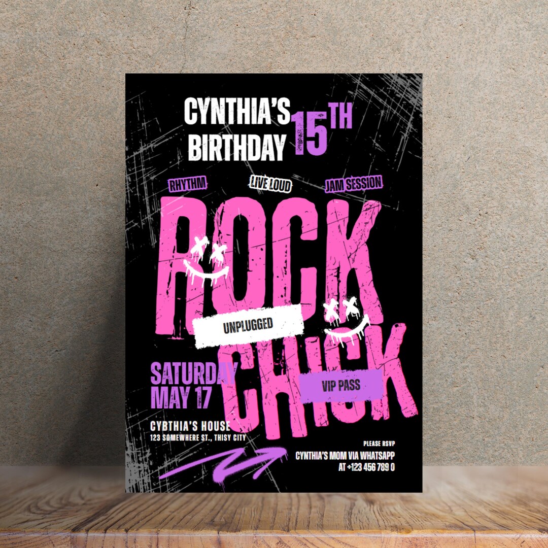 Pink Rockstar Birthday Invitation for Girls, Editable Birthday Jam ...