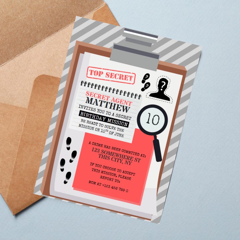 Spy Birthday Invitation Boy | Red & Grey Secret Agent Party Invite ...