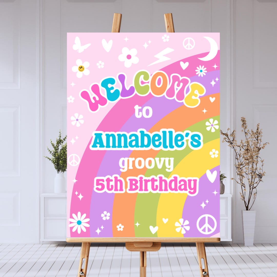 Retro Groovy Birthday Welcome Sign , Hippie 70s Party Decor , Editable ...