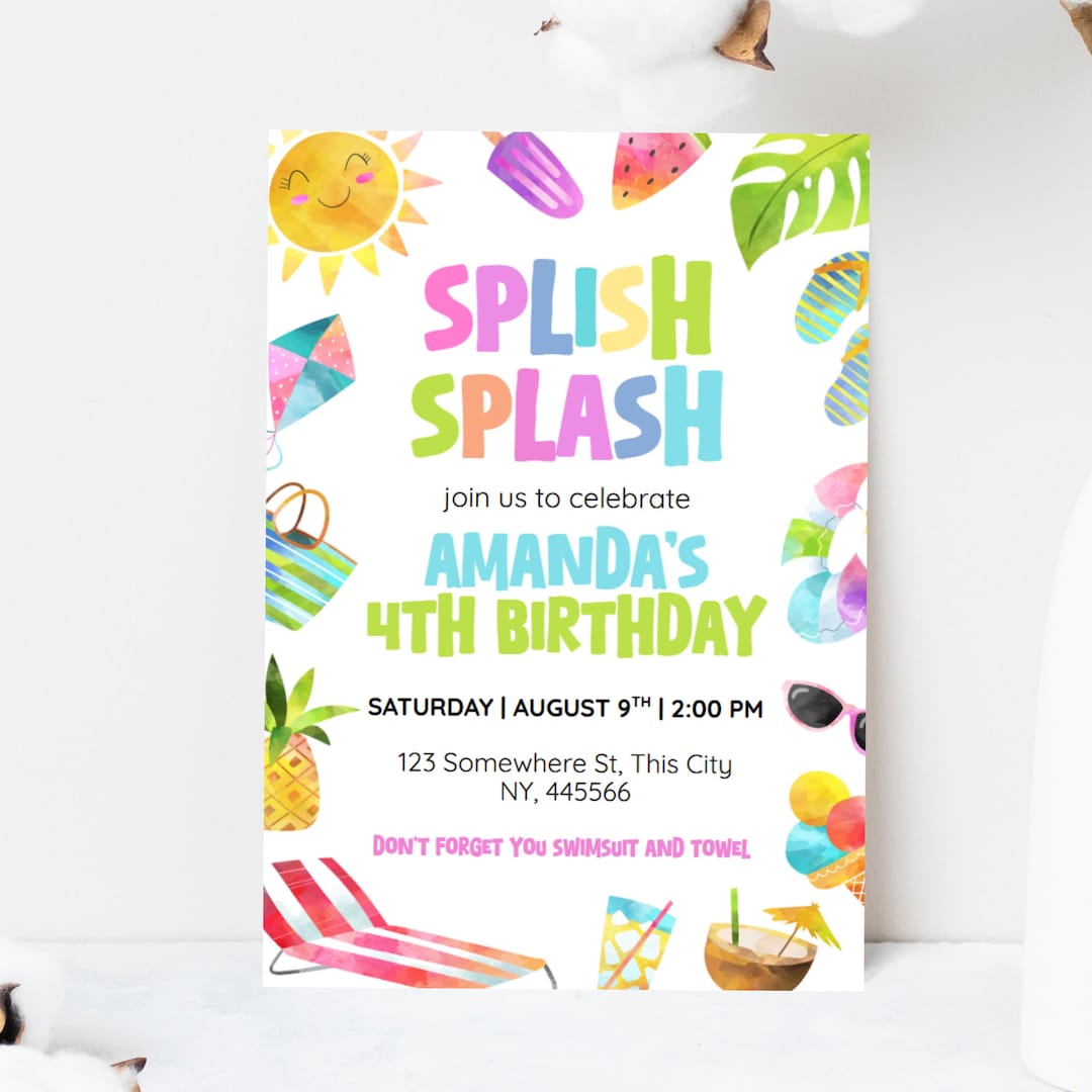 Splish Splash Pool Party Invitation, Summer Watercolor Birthday Invite ...