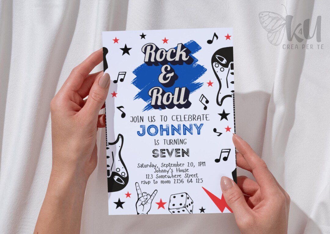Rock and Roll Kids Birthday Invitation | Editable Red, Black & Blue ...