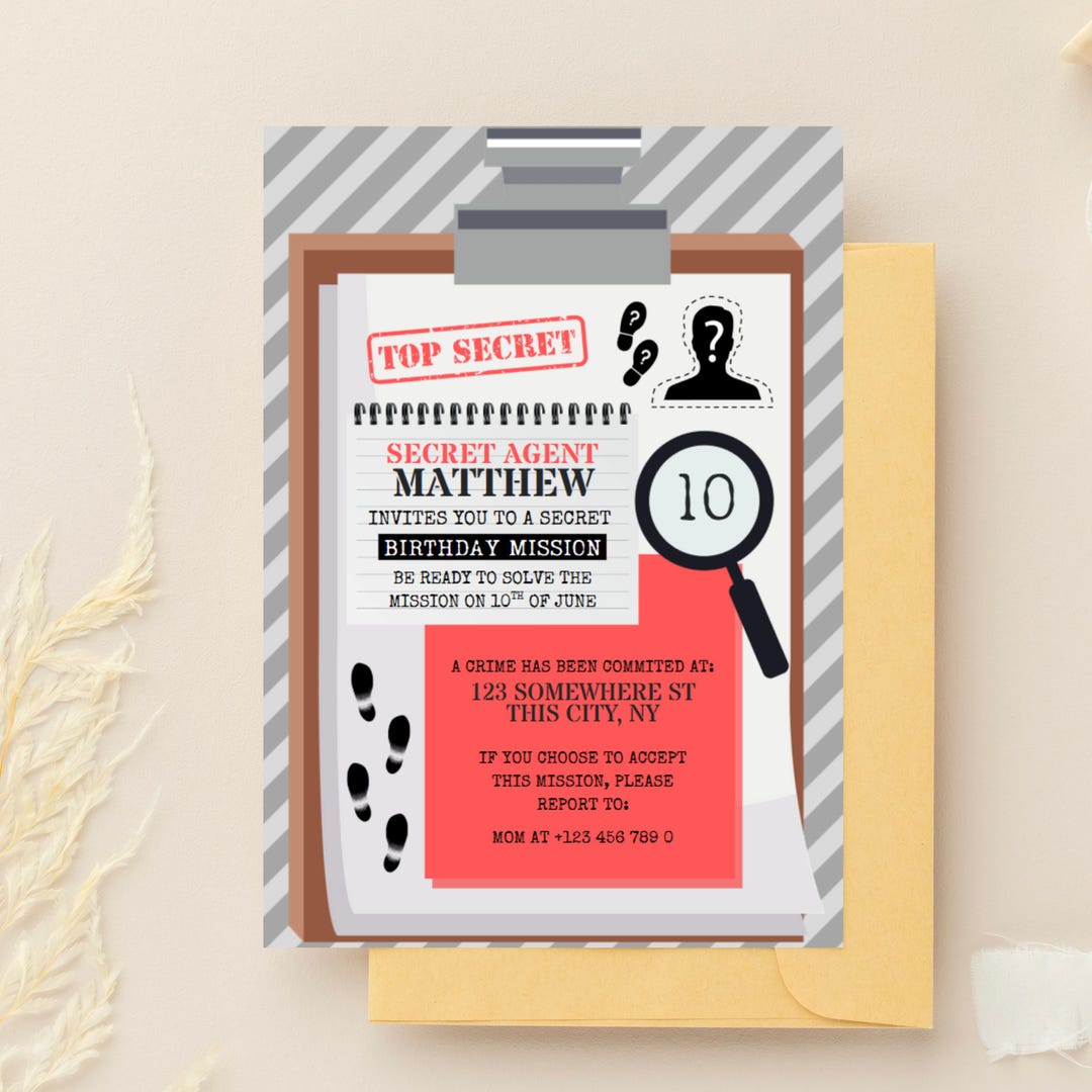 Spy Birthday Invitation Boy | Red & Grey Secret Agent Party Invite ...