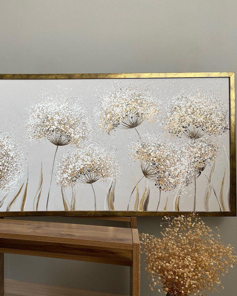 Botanical Wall Art - Gold Dandelion Painting - Elegant Neutral Home ...