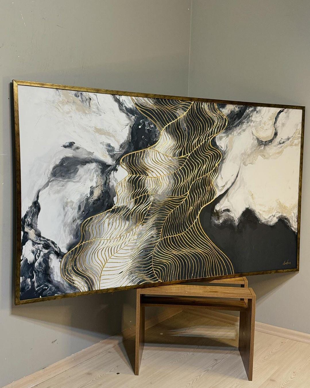 3D Texture Gold Line Wall Art, Abstract Painting on Canvas, Living Room ...