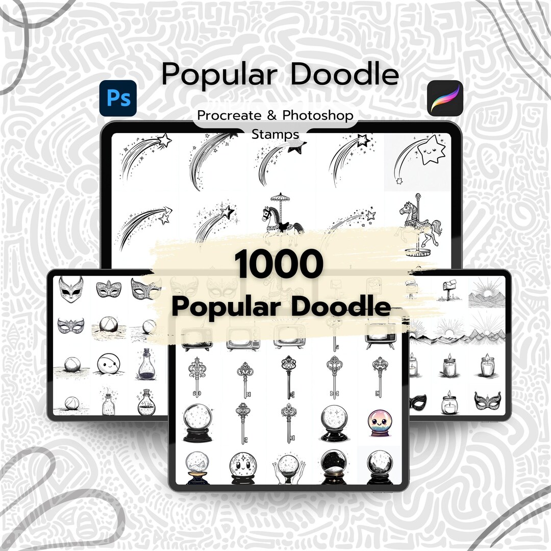 1000 Popular Doodle Procreate Stamps, Procreate & Photoshop Line Art ...