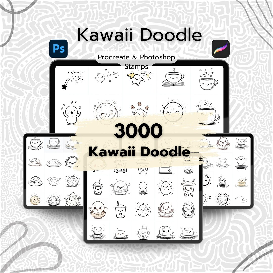 3000 Kawaii Doodle Procreate Stamps, Procreate & Photoshop Line Art ...