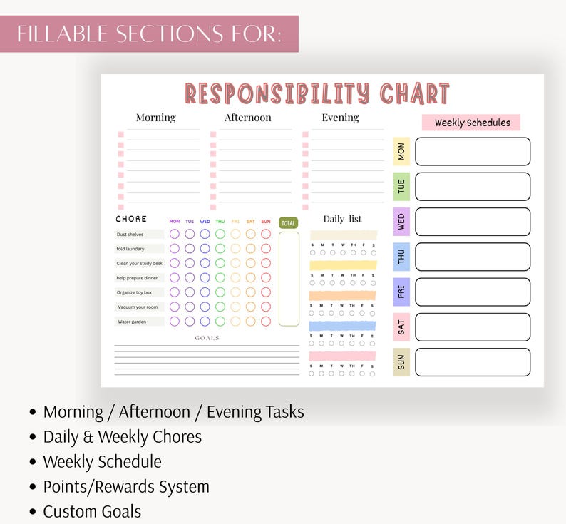 Kids Responsibility Chart Printable | Daily & Weekly Chore Chart for ...