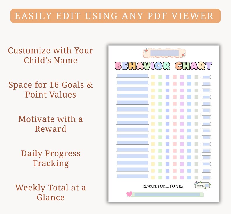 Printable Kids Behavior Chore Chart: Editable / Fillable Template ...