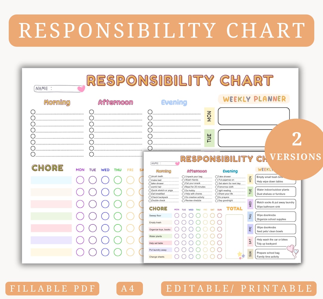 Editable Kids Chore Chart: Daily & Weekly Responsibility Planner (PDF ...