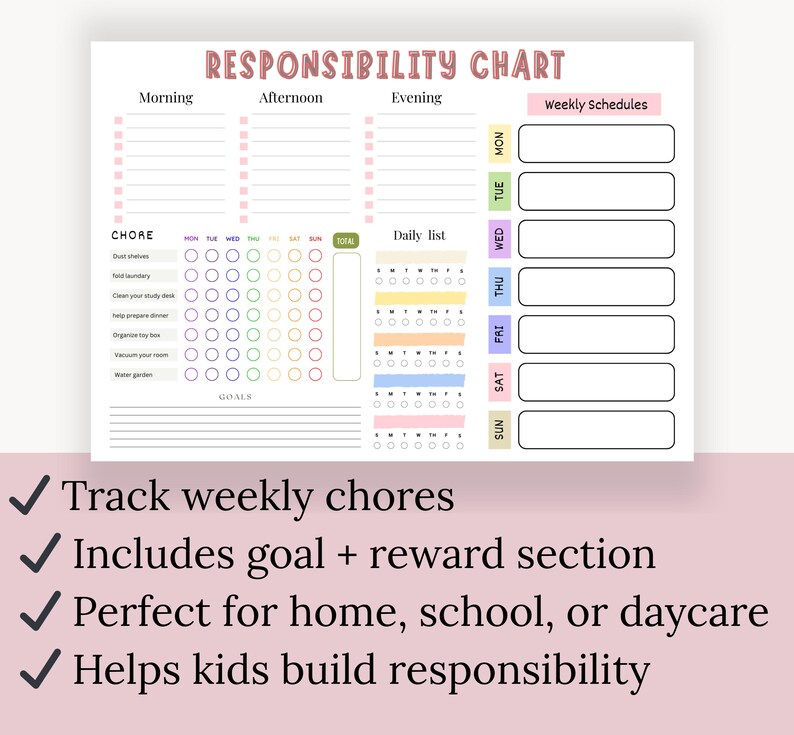 Kids Responsibility Chart Printable | Daily & Weekly Chore Chart for ...