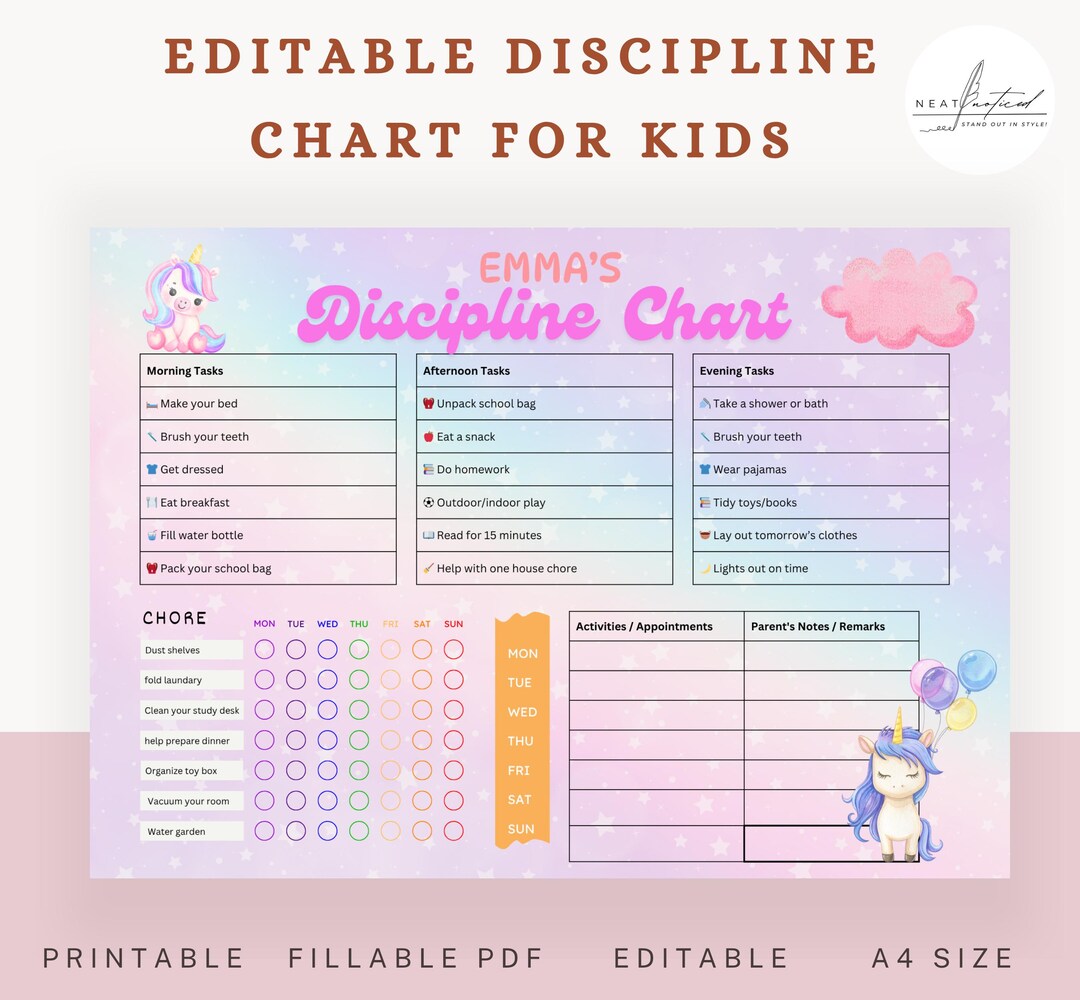 Unicorn Chore Chart: Editable Kids Reward & Discipline Tracker (PDF ...