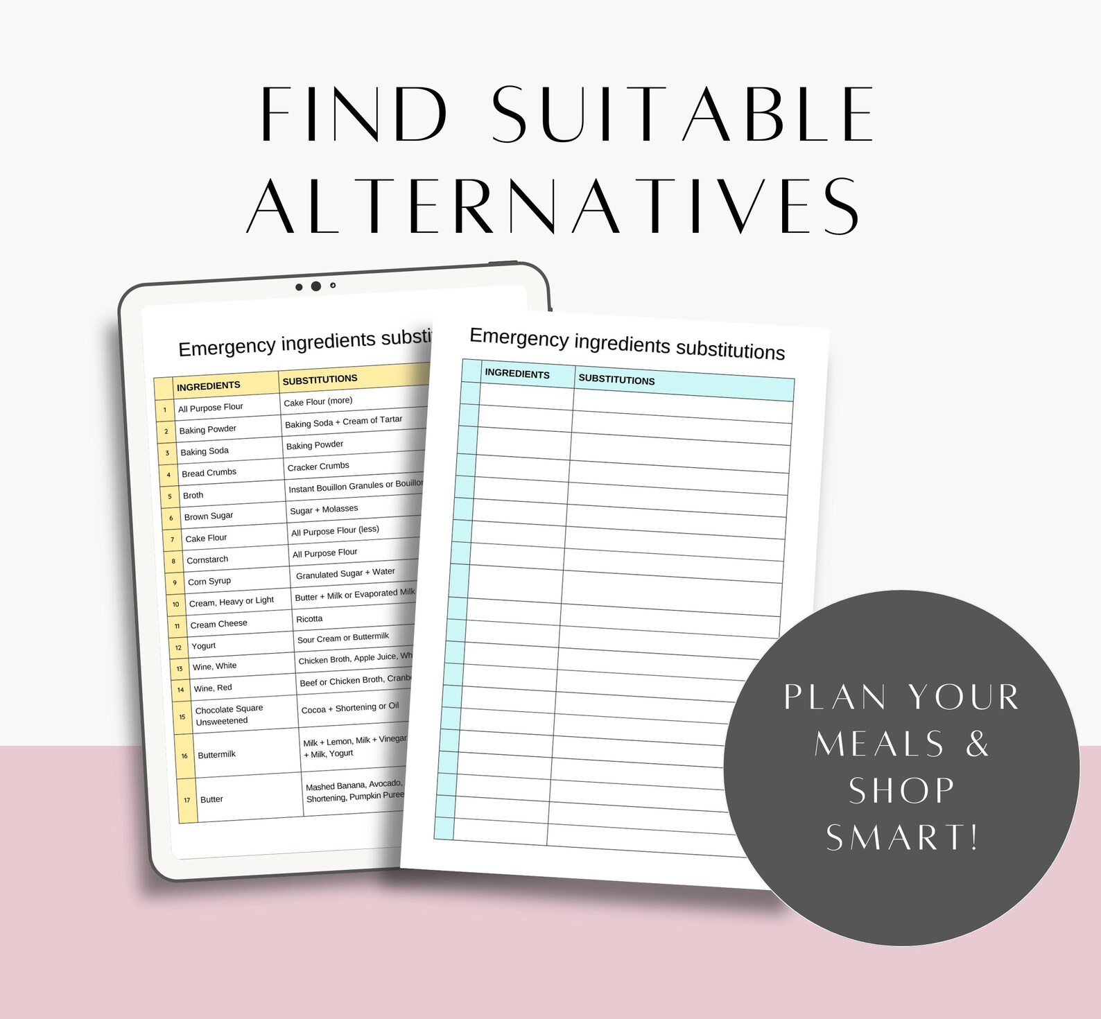 Kitchen Cheat Sheet, Recipe Substitution Guide, Printable Emergency ...